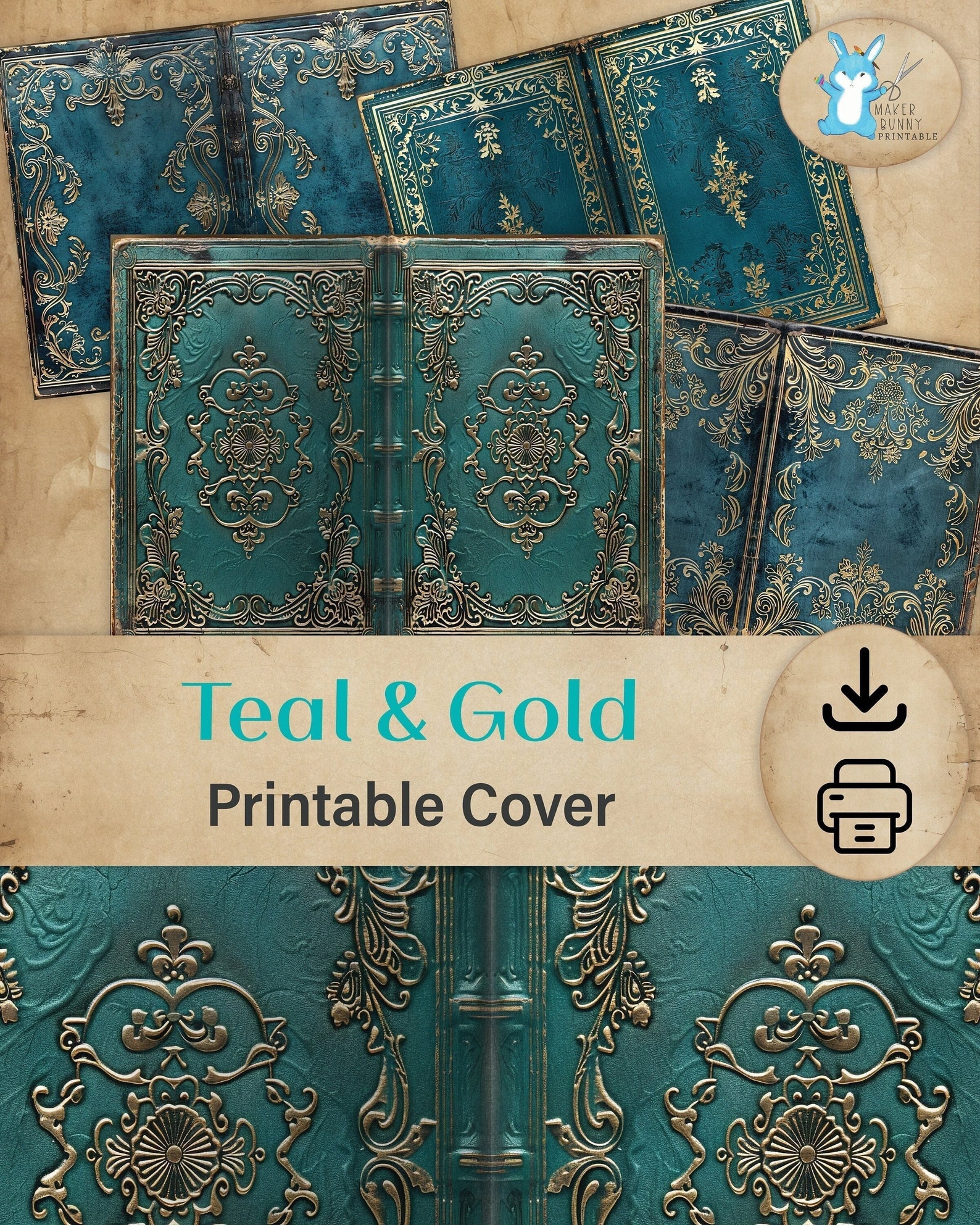 Ornate Gold and Teal Covers, Junk Journal Printable, Digital Download ...