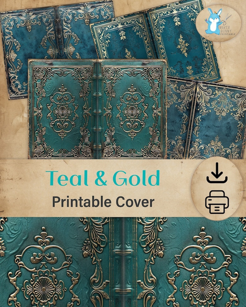 Ornate Gold and Teal Covers, Junk Journal Printable, Digital Download ...