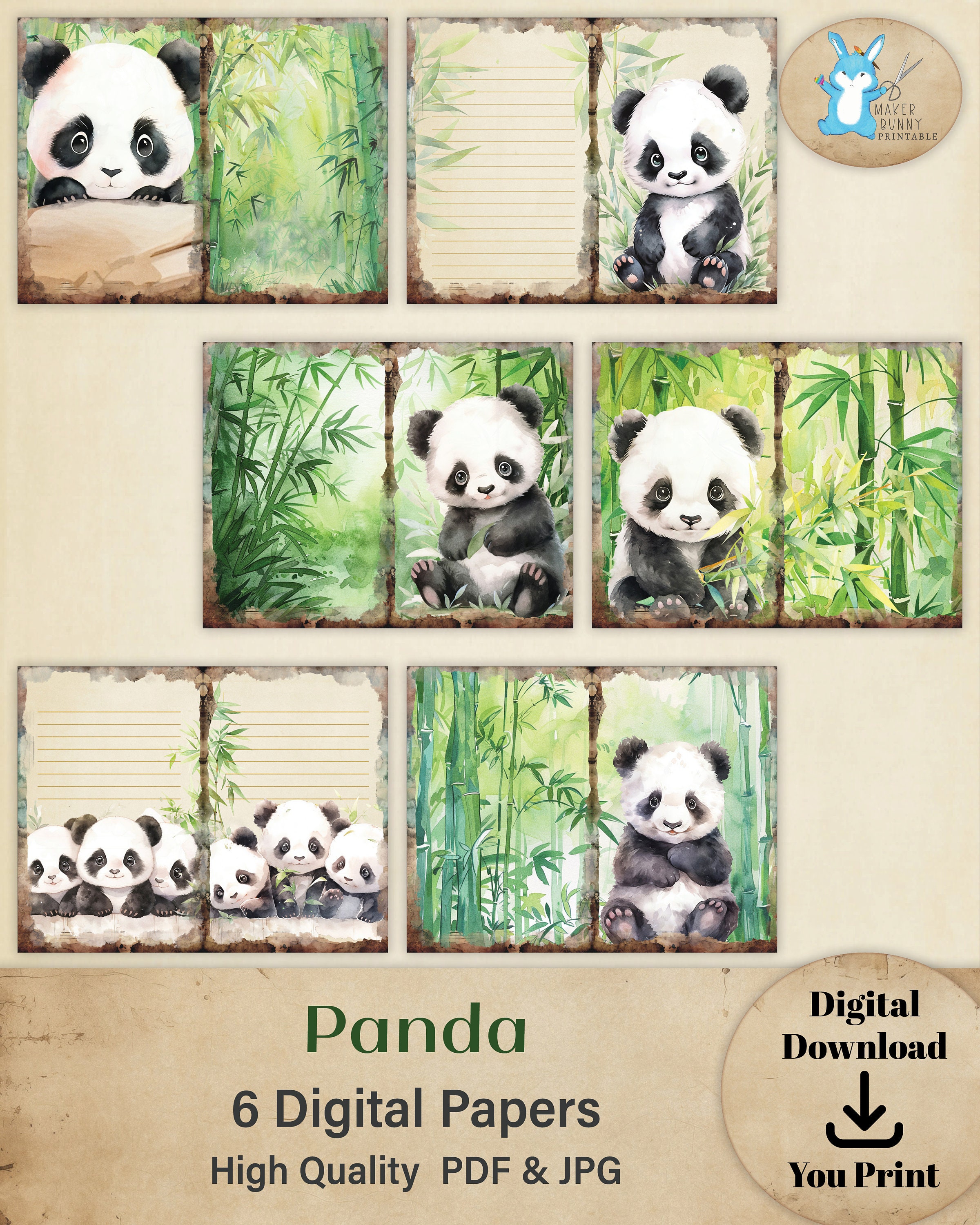 Cute Panda Junk Journal Pages, Printable Digital Download Papers ...