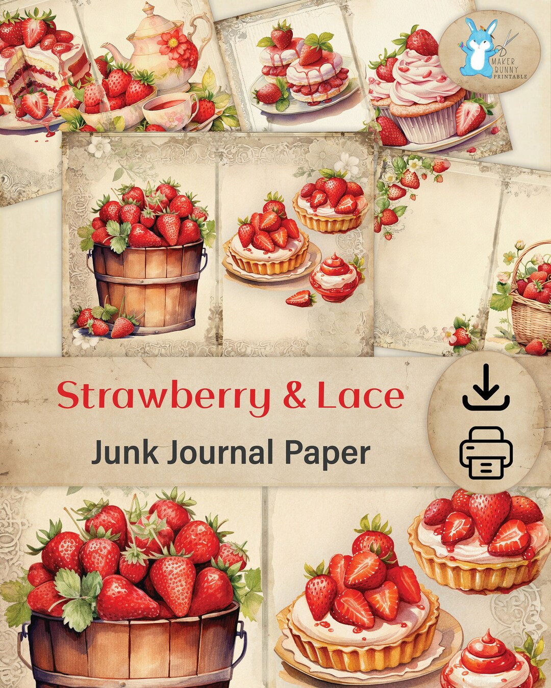 Strawberry and Lace Junk Journal Pages, Printable Digital Download ...