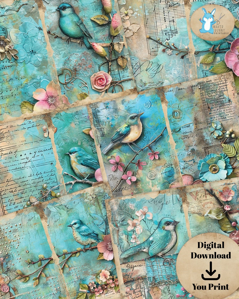 Teal Birds and Dogwood Flowers, Pink Mixed Media Junk Journal Pages ...