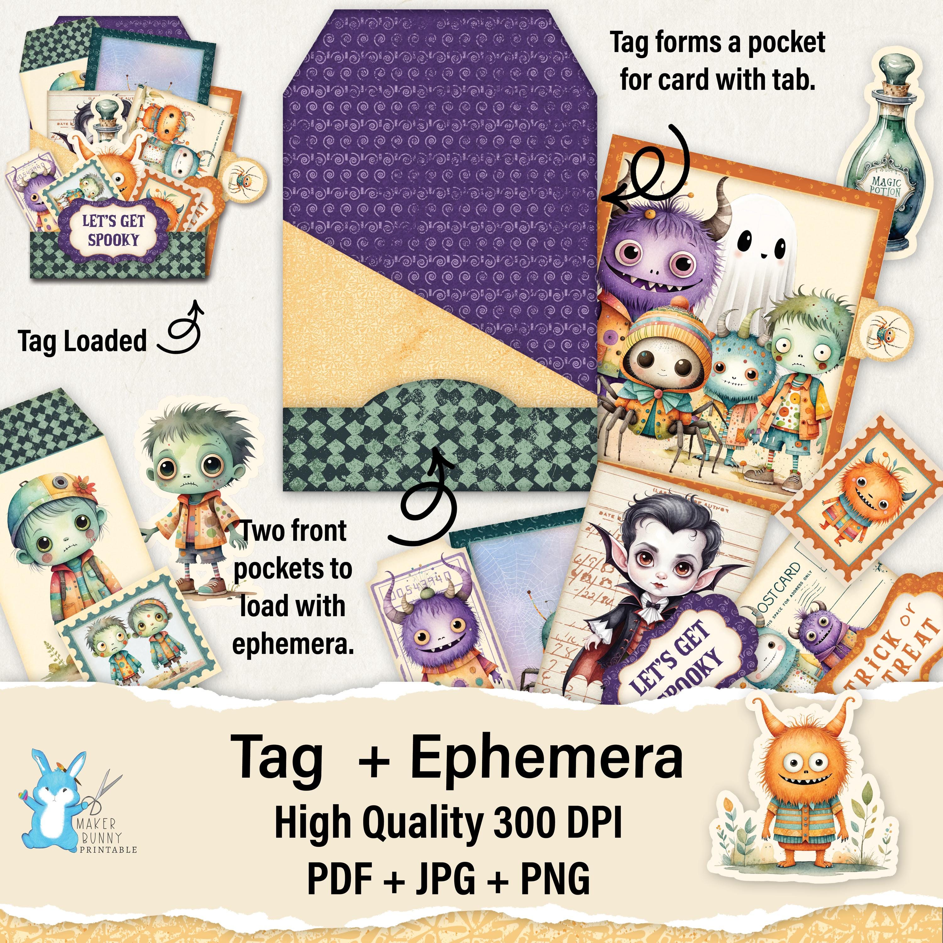 Loaded Tag, Pocket Tag, Cute Halloween, Monsters + Zombies + Spiders ...