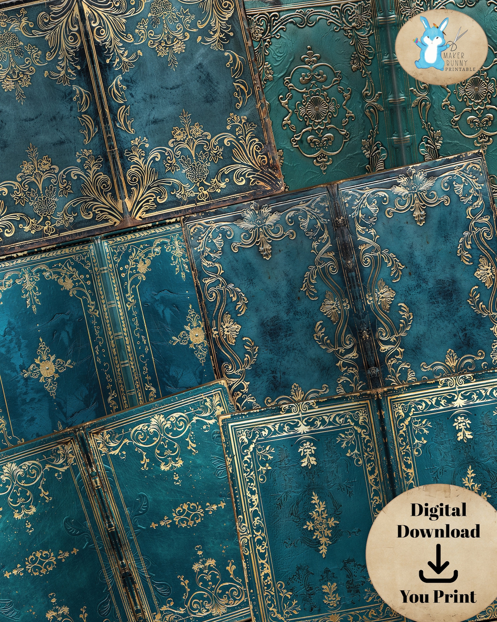Ornate Gold and Teal Covers, Junk Journal Printable, Digital Download ...