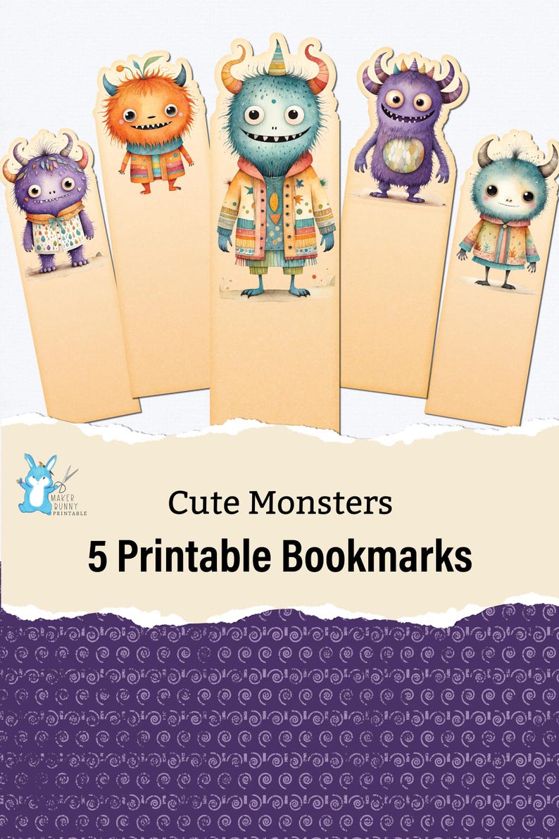 Cute Monster Bookmarks, Halloween, Children, Printable Digital Download ...