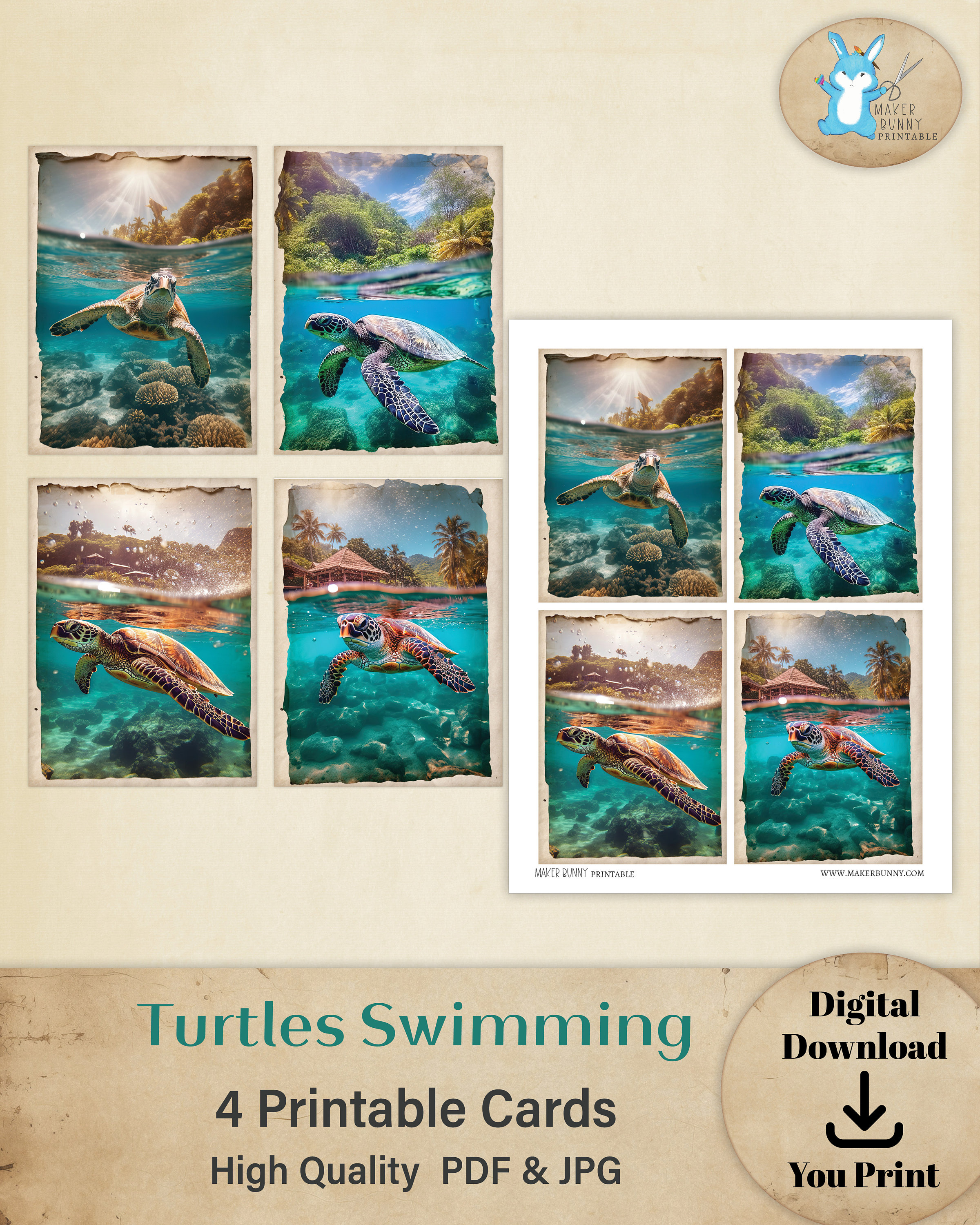 Swimming Sea Turtles, 5 Printable Cards, Junk Journal Ephemera, Ocean ...