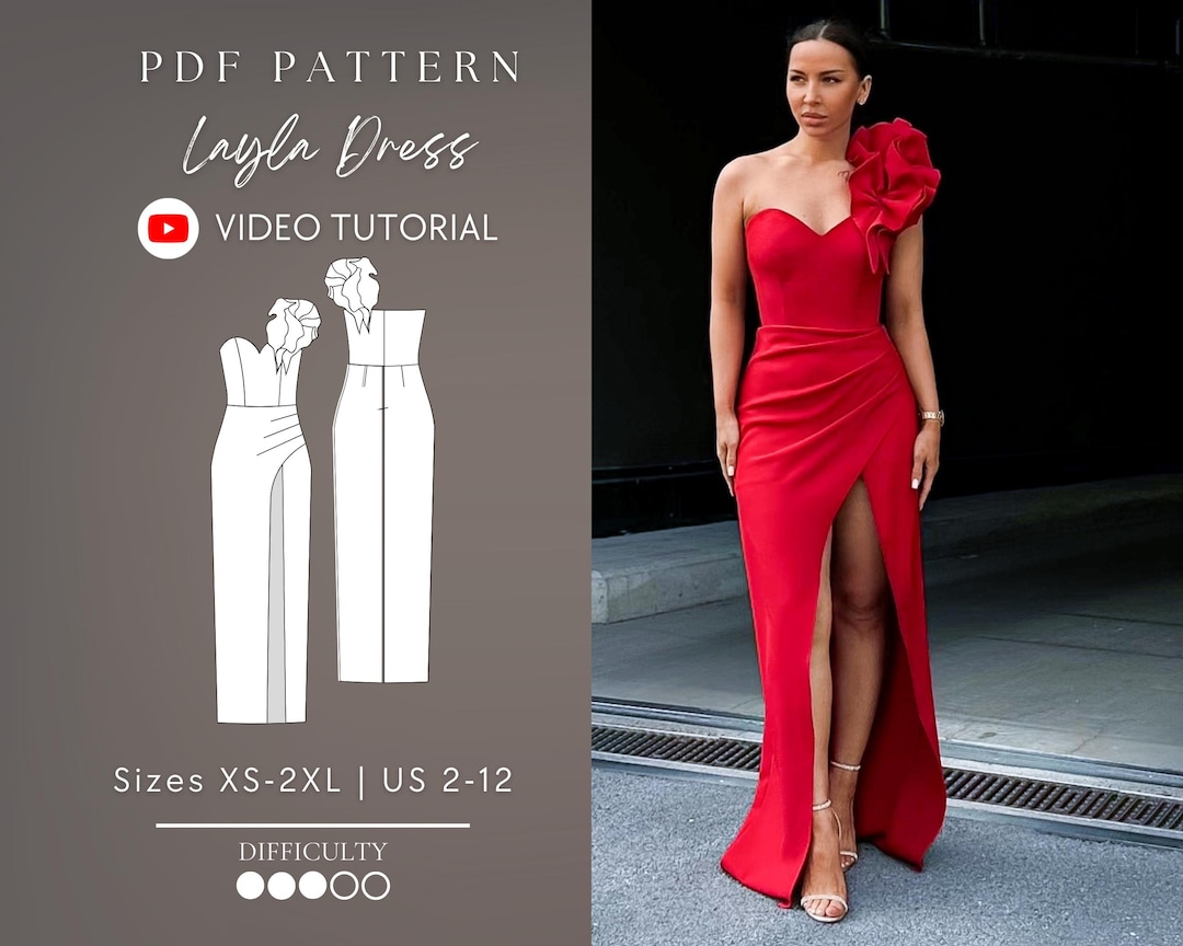 One Shoulder Corset Sweetheart Ruffle Dress Pdf Sewing Pattern Sizes XS ...