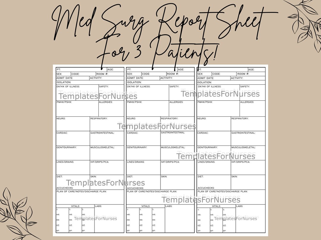 Nursing Report Sheet for 3 Patients, Med Surg, Telemetry, Nurse Report ...