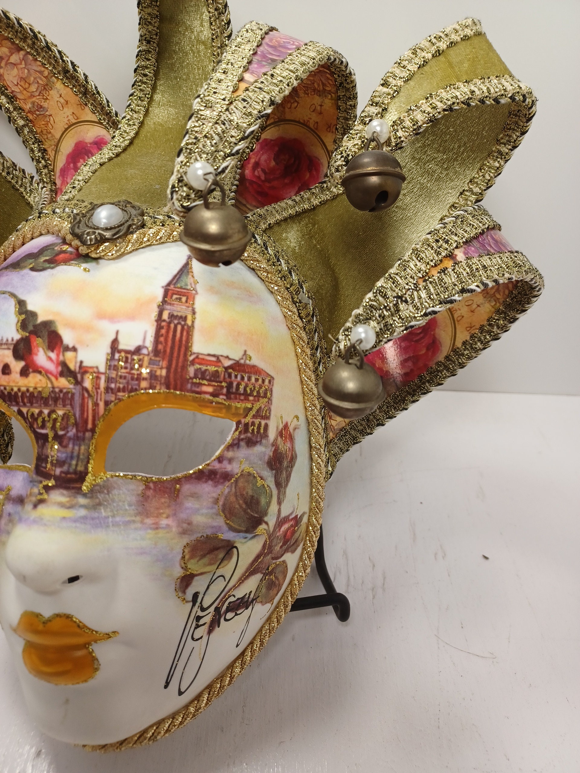 Vintage Venetian Carnival Jester Mask Handmade Signed Floral Cityscape ...