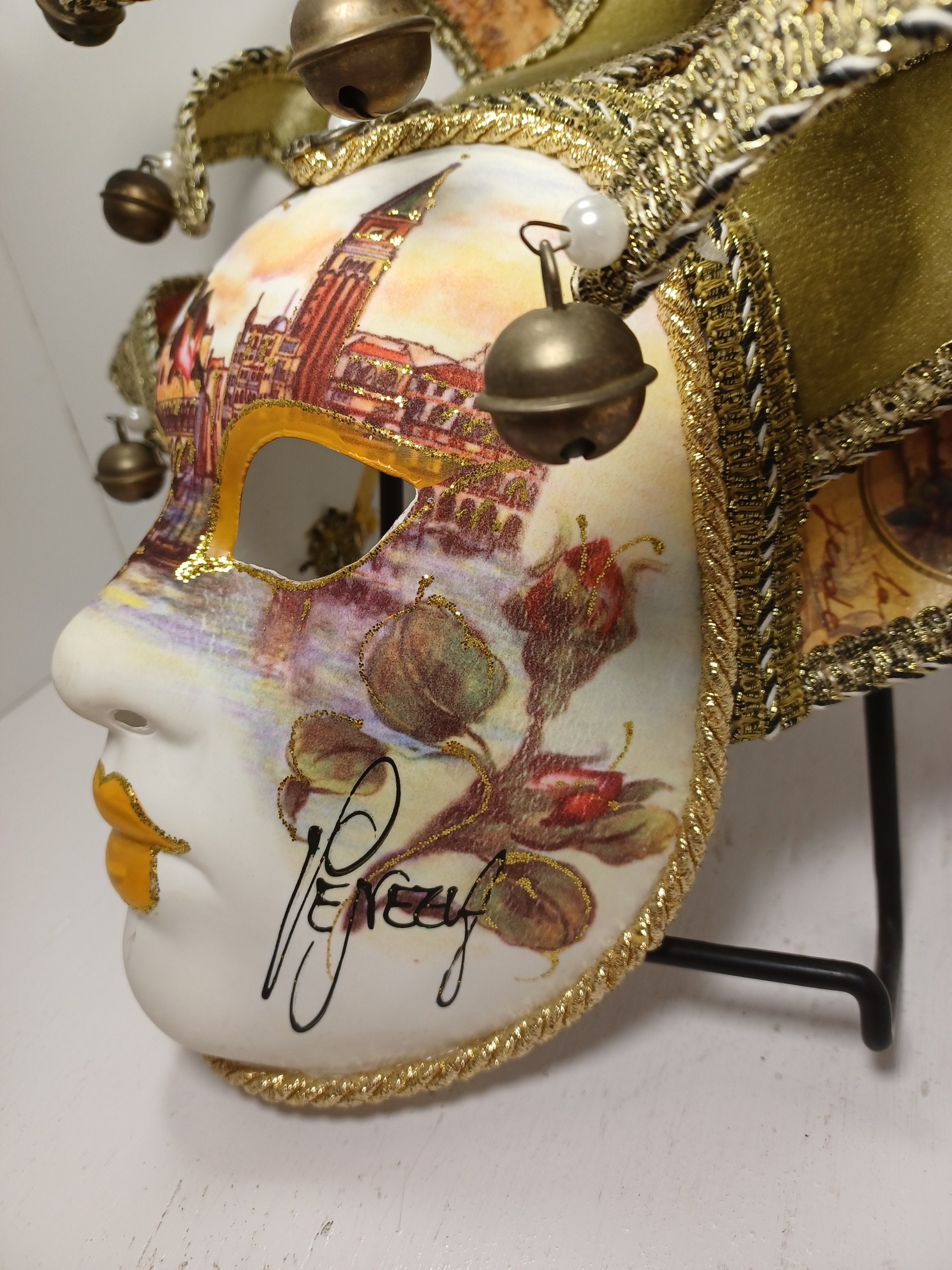 Vintage Venetian Carnival Jester Mask Handmade Signed Floral Cityscape ...