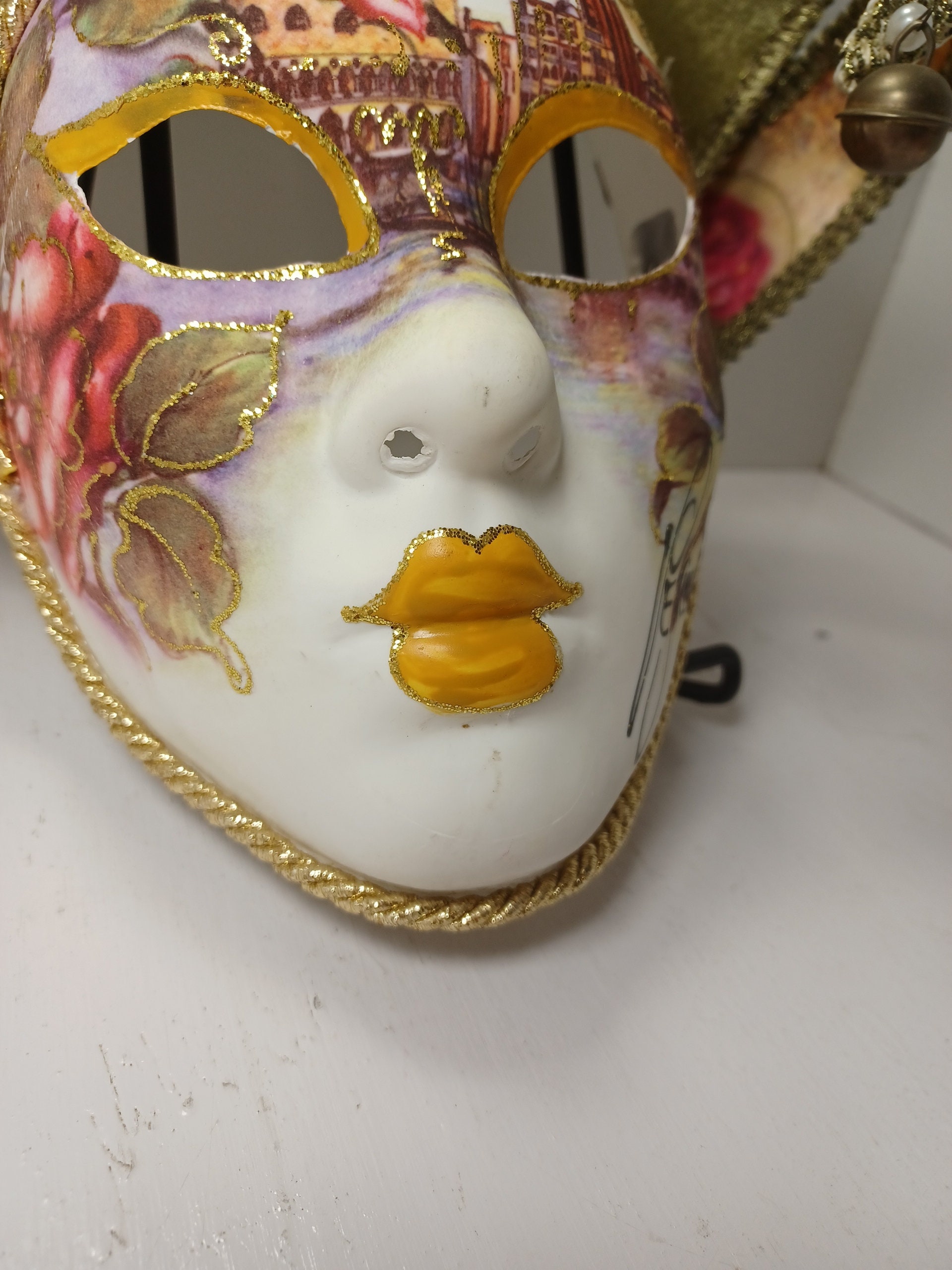 Vintage Venetian Carnival Jester Mask Handmade Signed Floral Cityscape ...