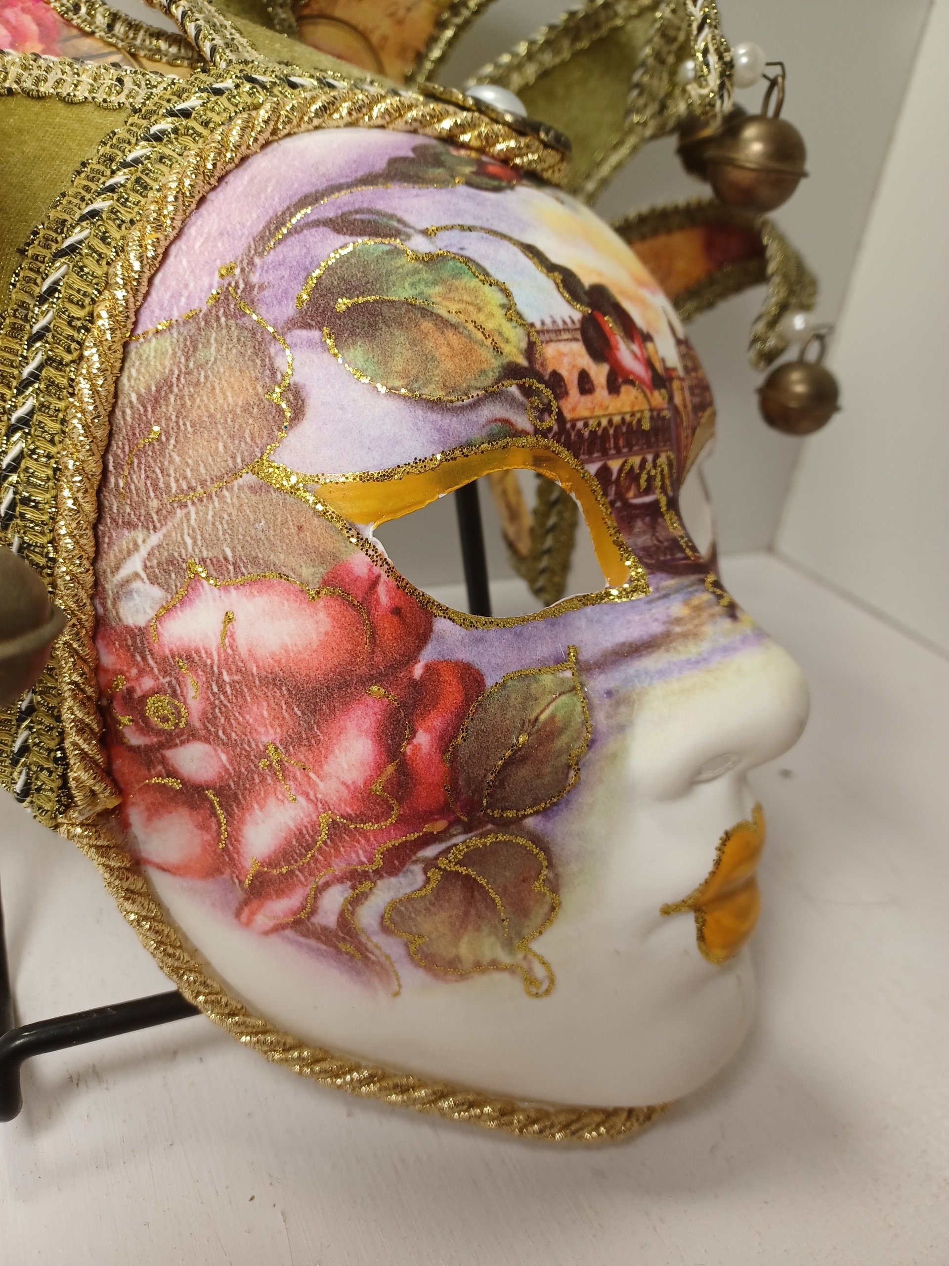 Vintage Venetian Carnival Jester Mask Handmade Signed Floral Cityscape ...