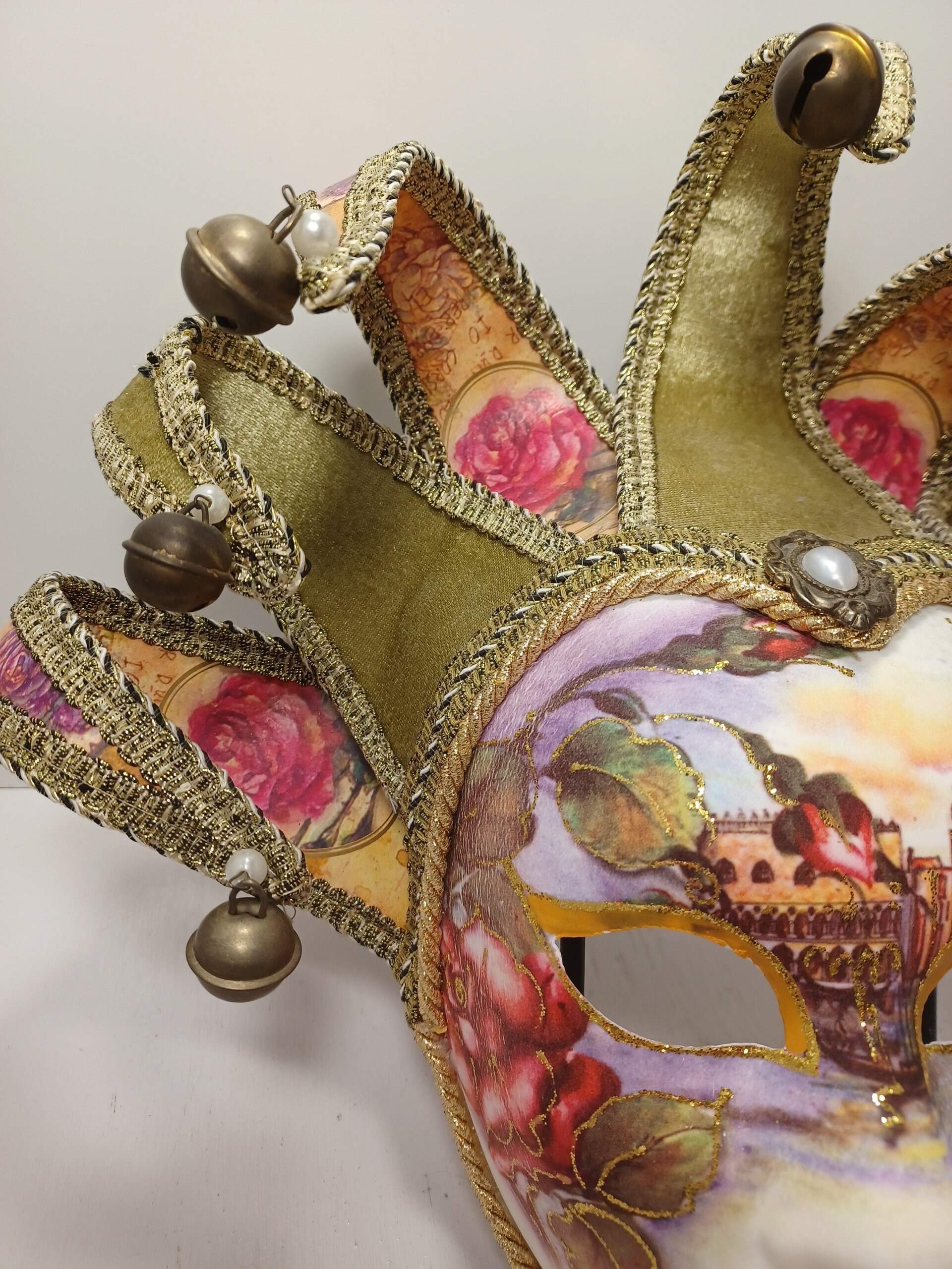 Vintage Venetian Carnival Jester Mask Handmade Signed Floral Cityscape ...