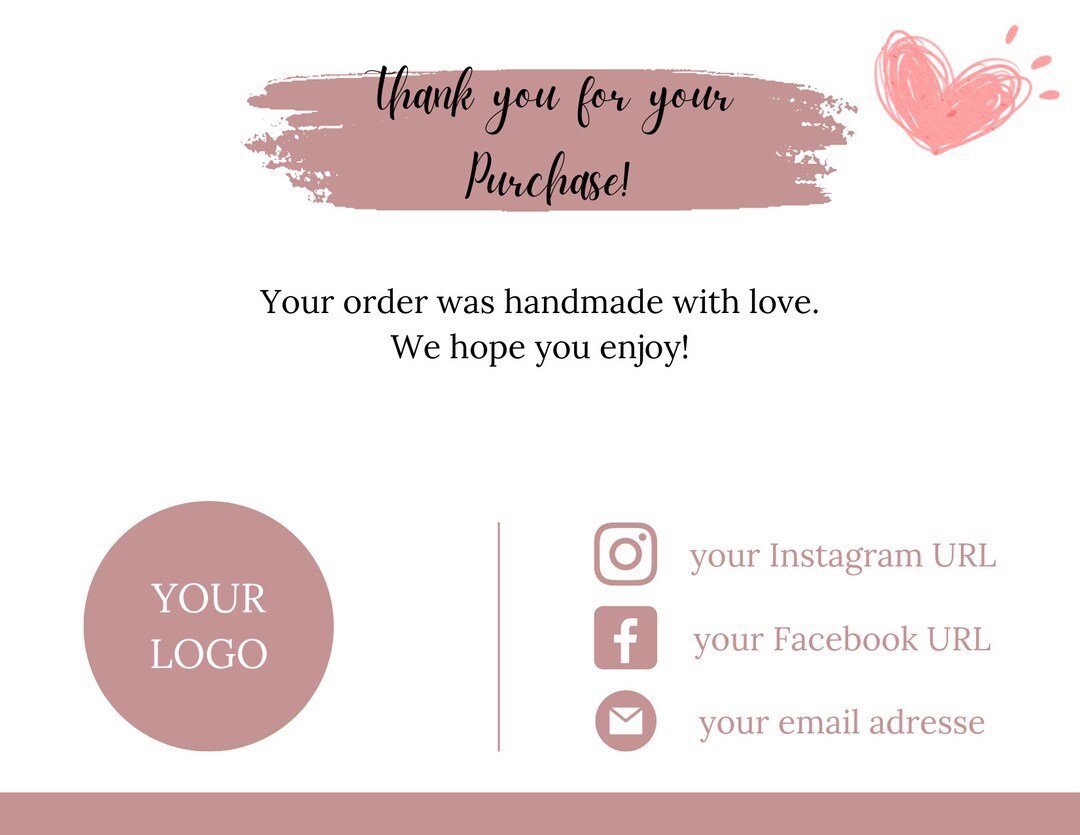 Handmade With Love Card Printable Thank You Business Template, Thank ...