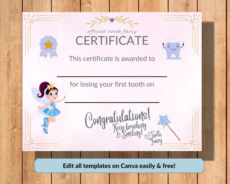 Tooth Fairy First Tooth Certificate PDF Printable and Editable ...