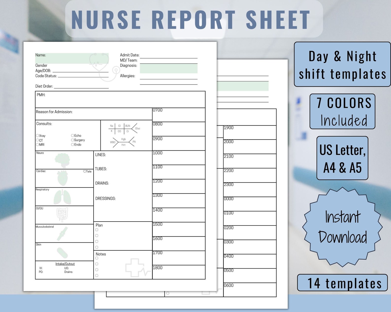 Nurse Report Sheet DAY & NIGHT Shift Nursing Brain Template PDF ...