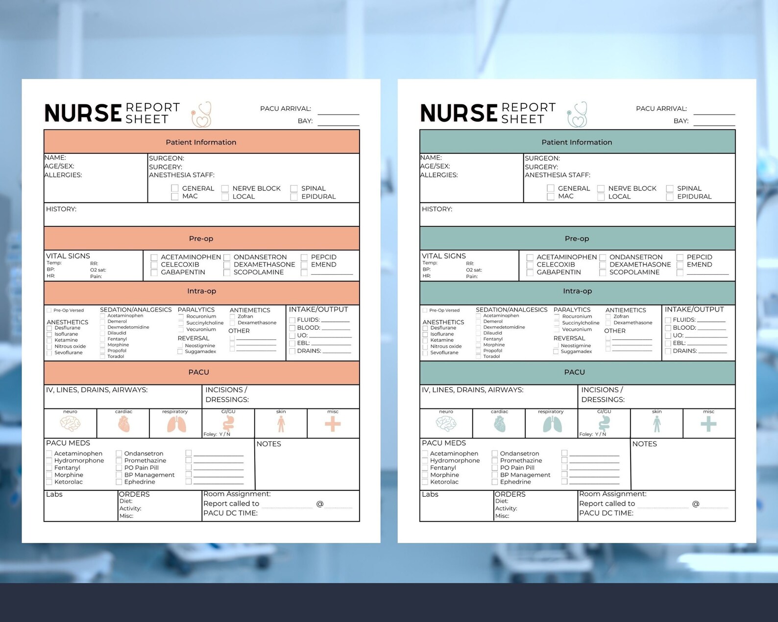 PACU Nurse Report Sheet PDF (us Letter/a4/a5) Hand off Recovery Peri-op ...