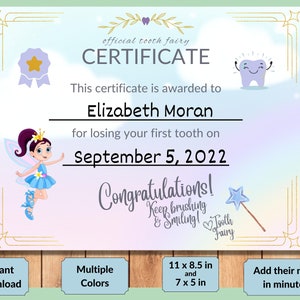 Tooth Fairy First Tooth Certificate PDF Printable and Editable ...