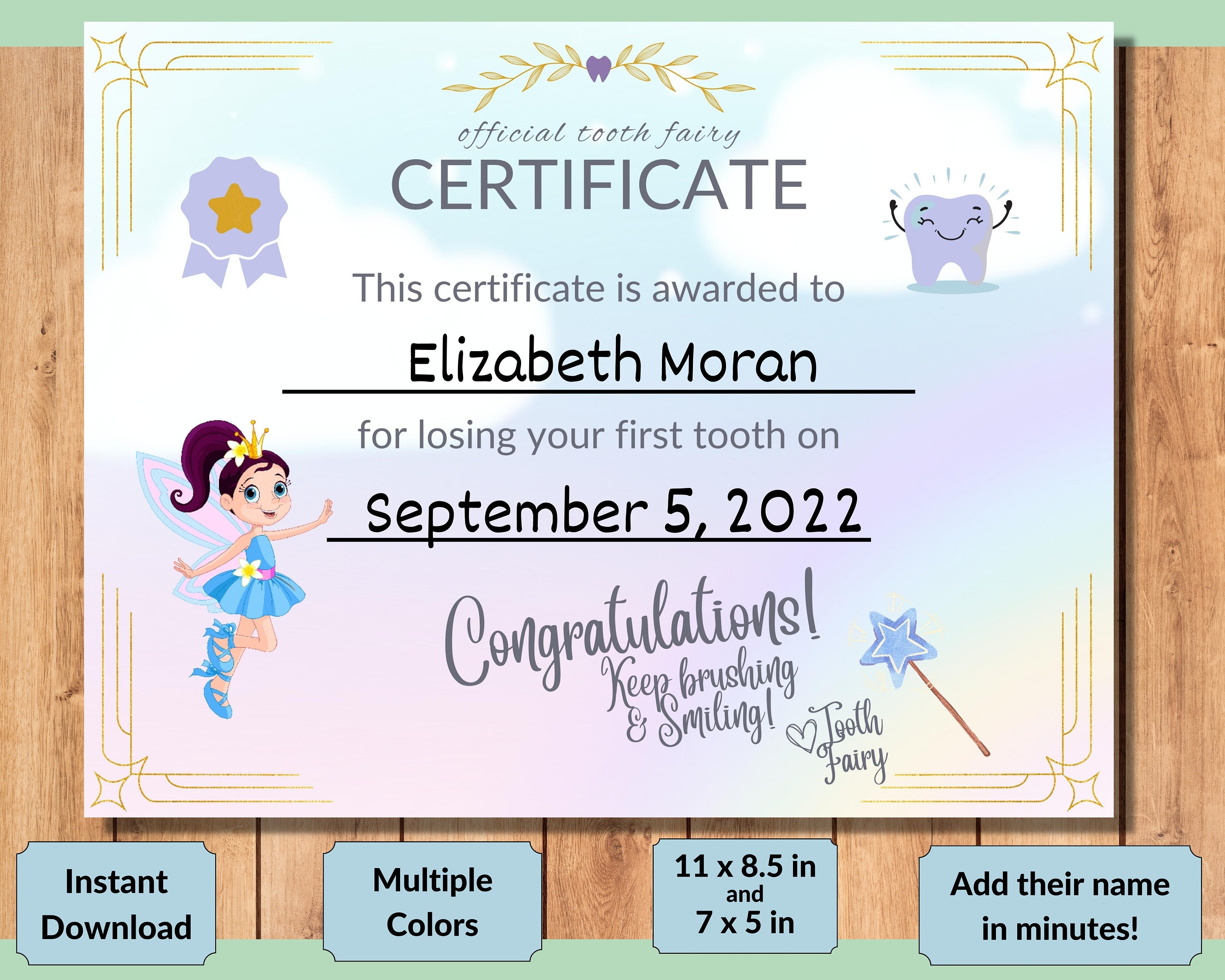 Tooth Fairy First Tooth Certificate PDF Printable and Editable ...