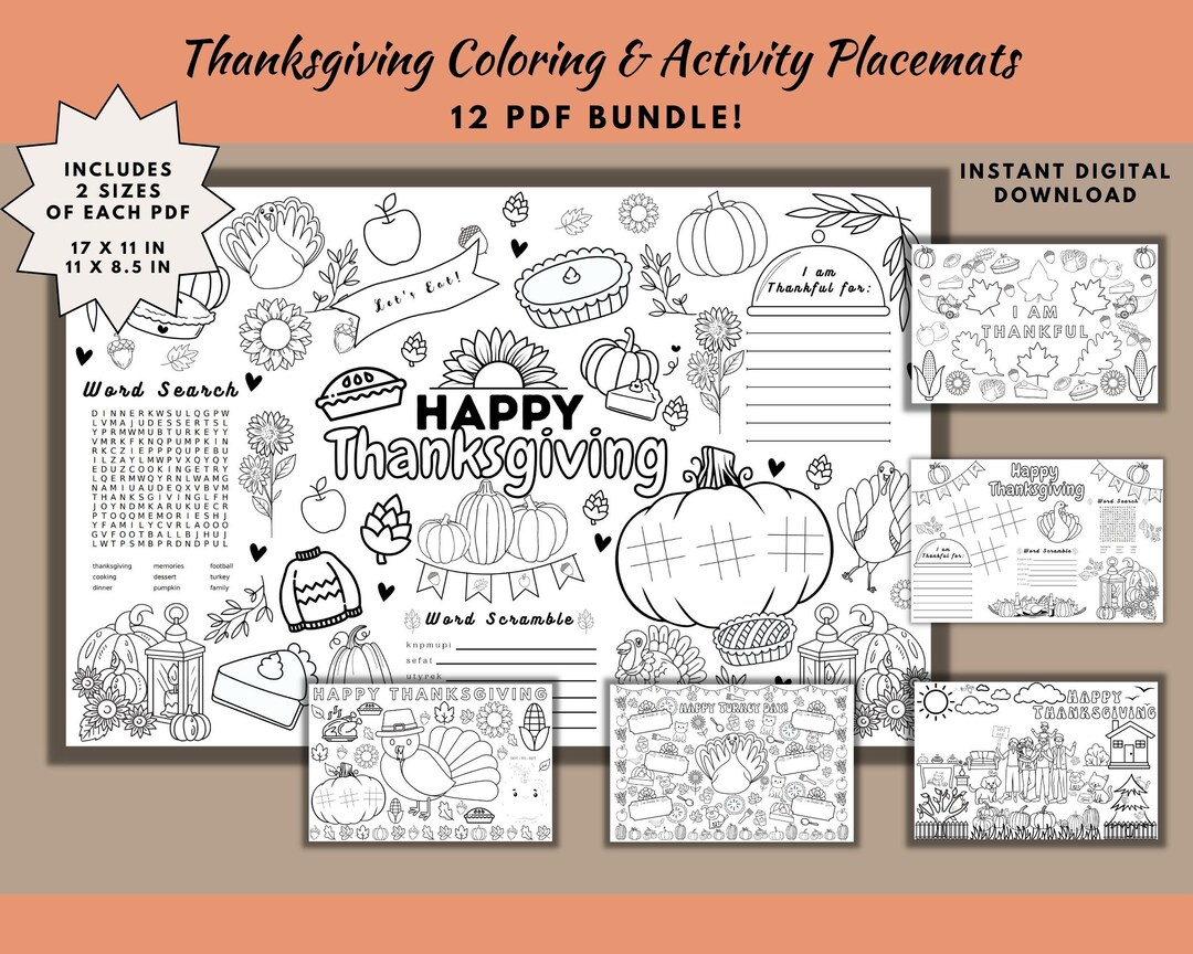 Thanksgiving Activity Placemat BUNDLE | Kids Printable Coloring Sheets ...