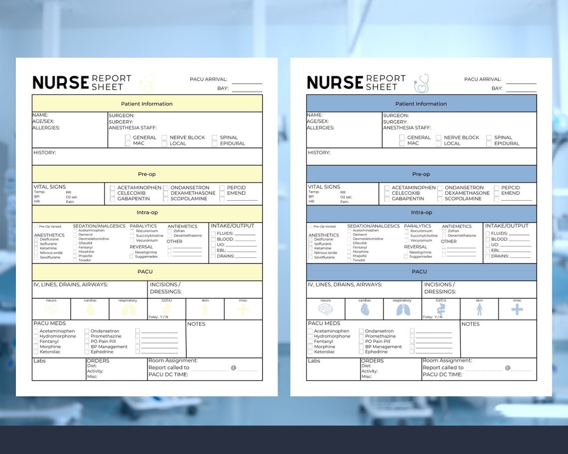 PACU Nurse Report Sheet PDF (us Letter/a4/a5) Hand off Recovery Peri-op ...