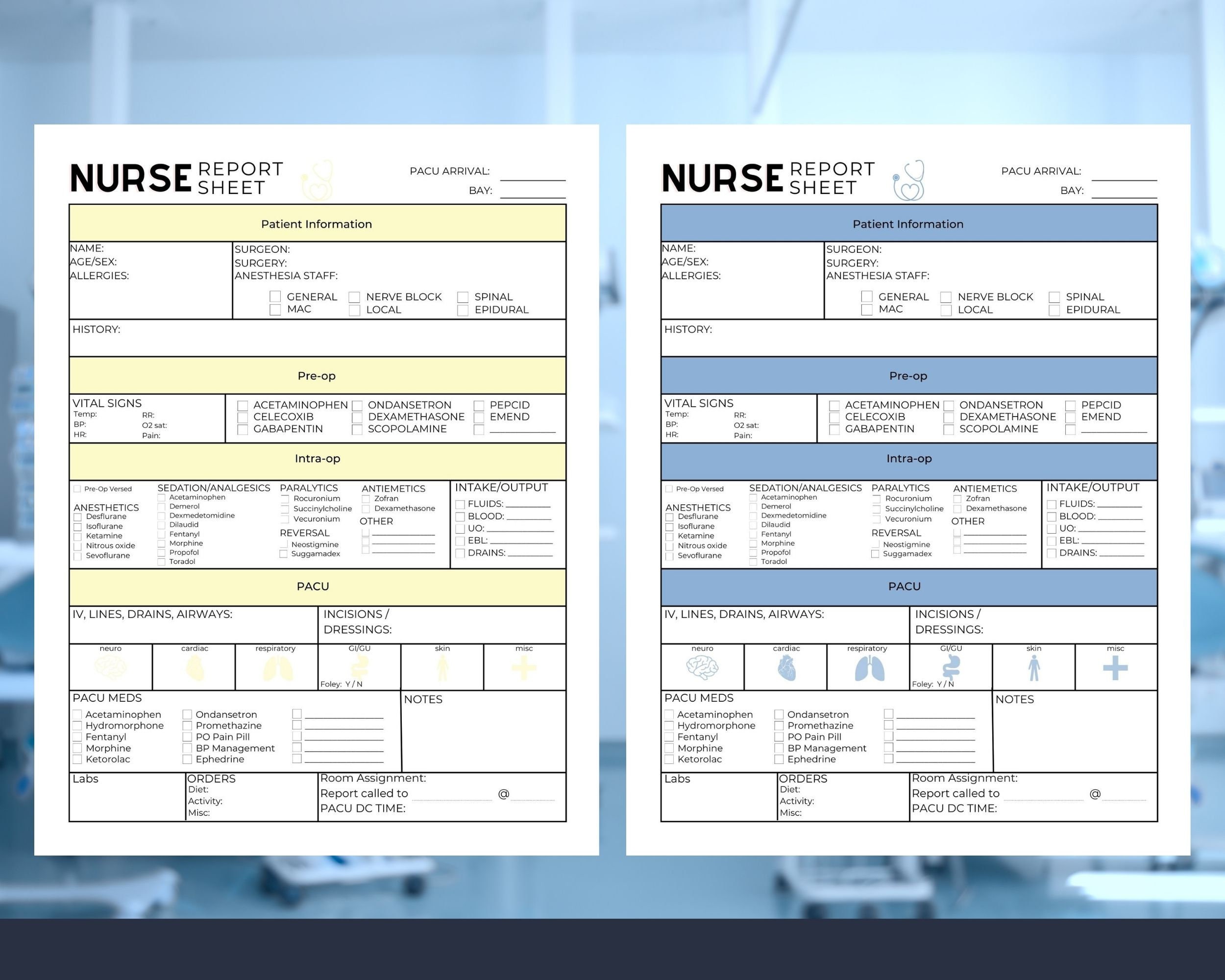 PACU Nurse Report Sheet PDF (us Letter/a4/a5) Hand off Recovery Peri-op ...