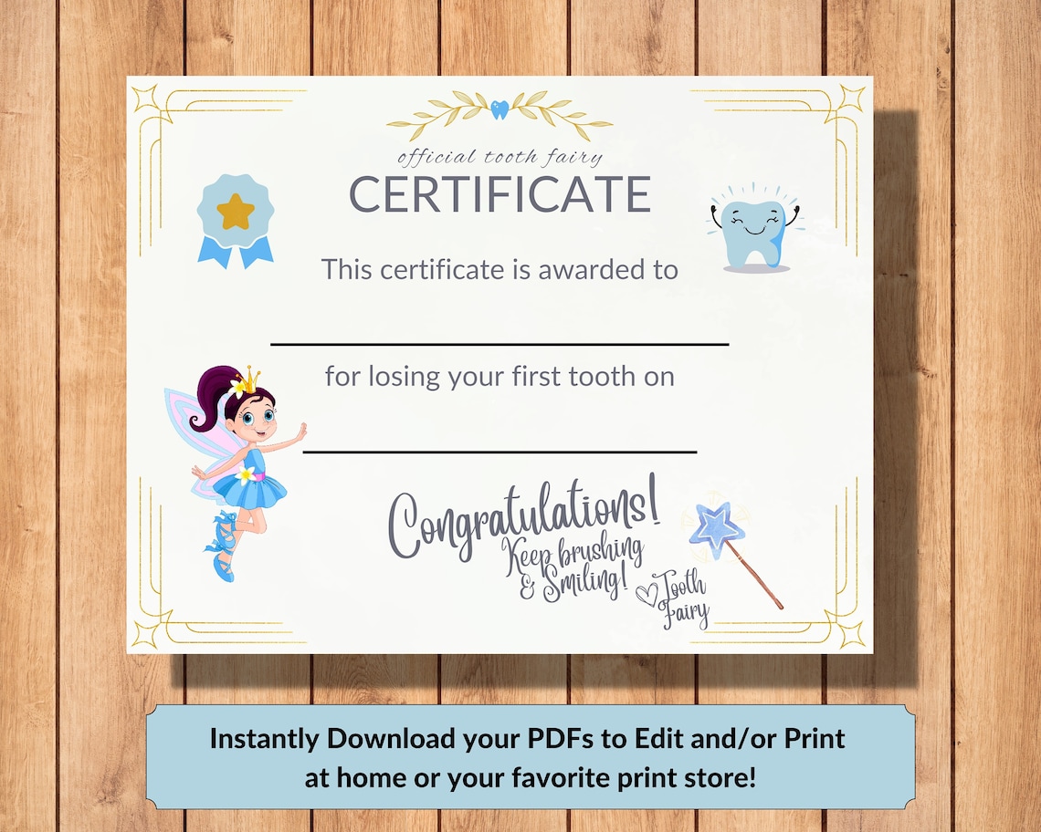 Tooth Fairy First Tooth Certificate PDF Printable and Editable ...