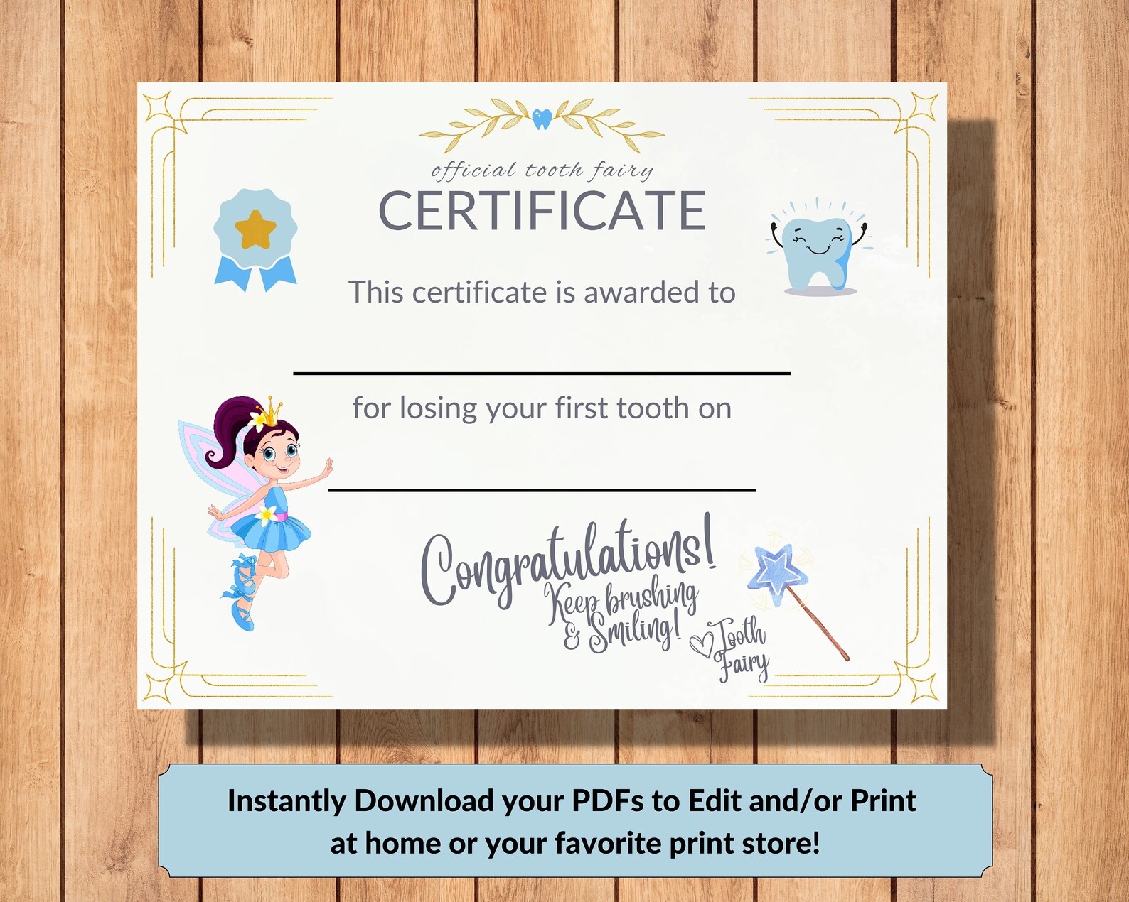 Tooth Fairy First Tooth Certificate PDF Printable and Editable ...