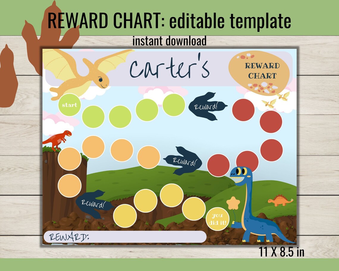 Kids Editable Reward Chart Dinosaur Printable Template - Etsy