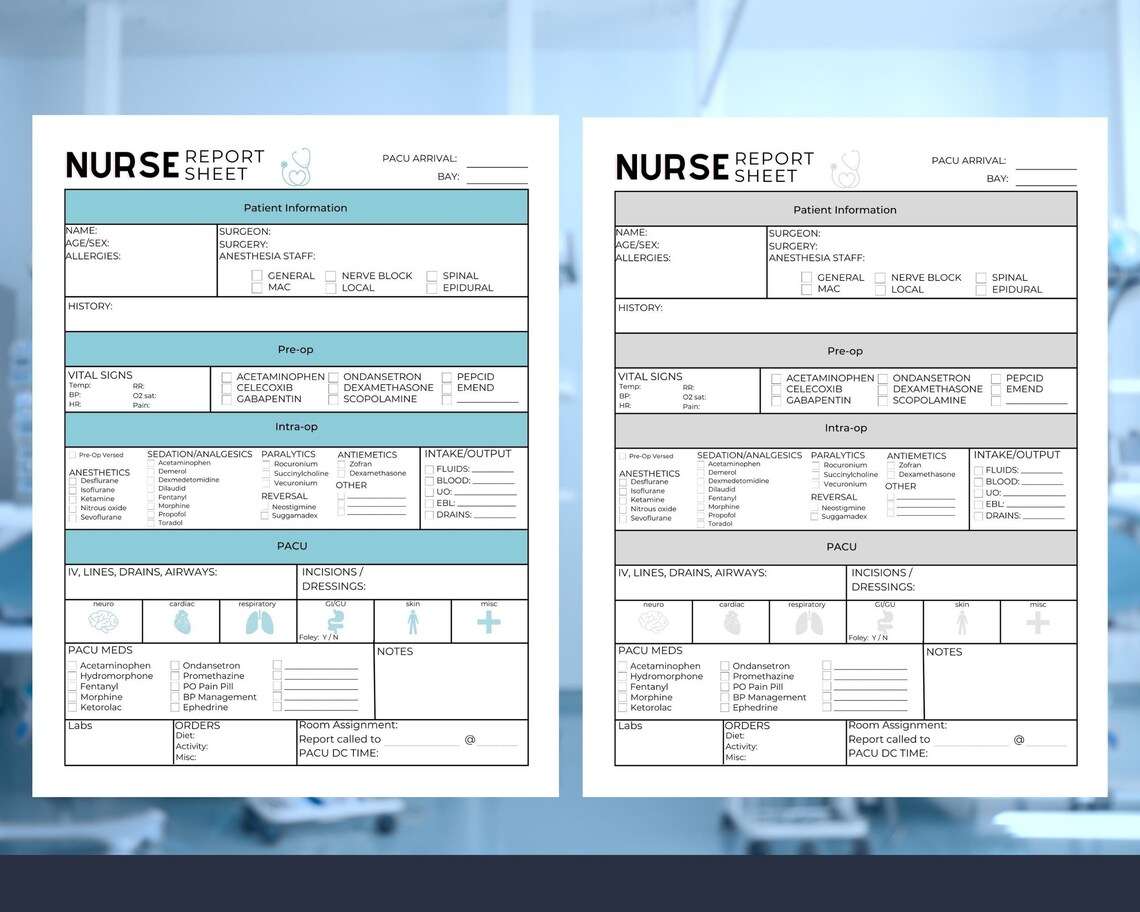 PACU Nurse Report Sheet PDF (us Letter/a4/a5) Hand off Recovery Peri-op ...