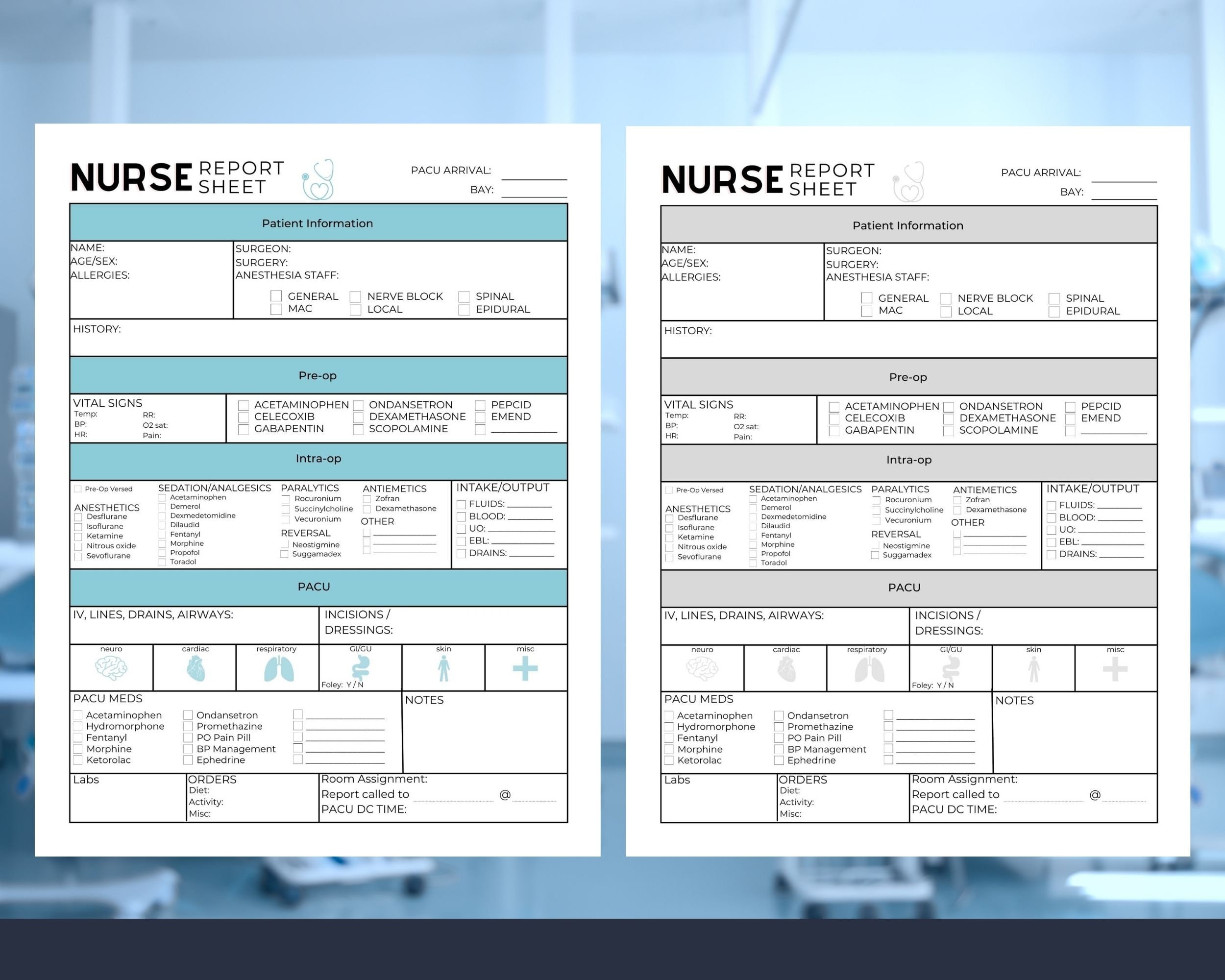 PACU Nurse Report Sheet PDF (us Letter/a4/a5) Hand off Recovery Peri-op ...