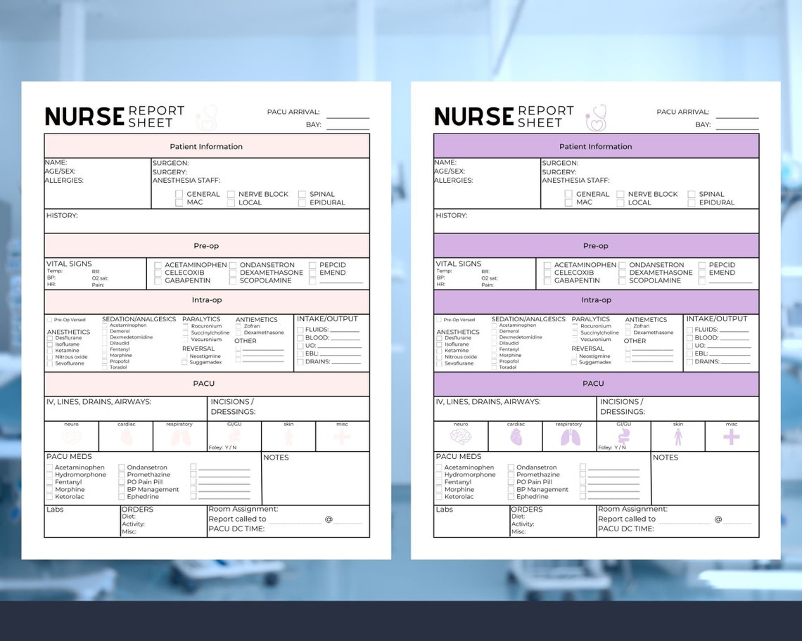 PACU Nurse Report Sheet PDF (us Letter/a4/a5) Hand off Recovery Peri-op ...