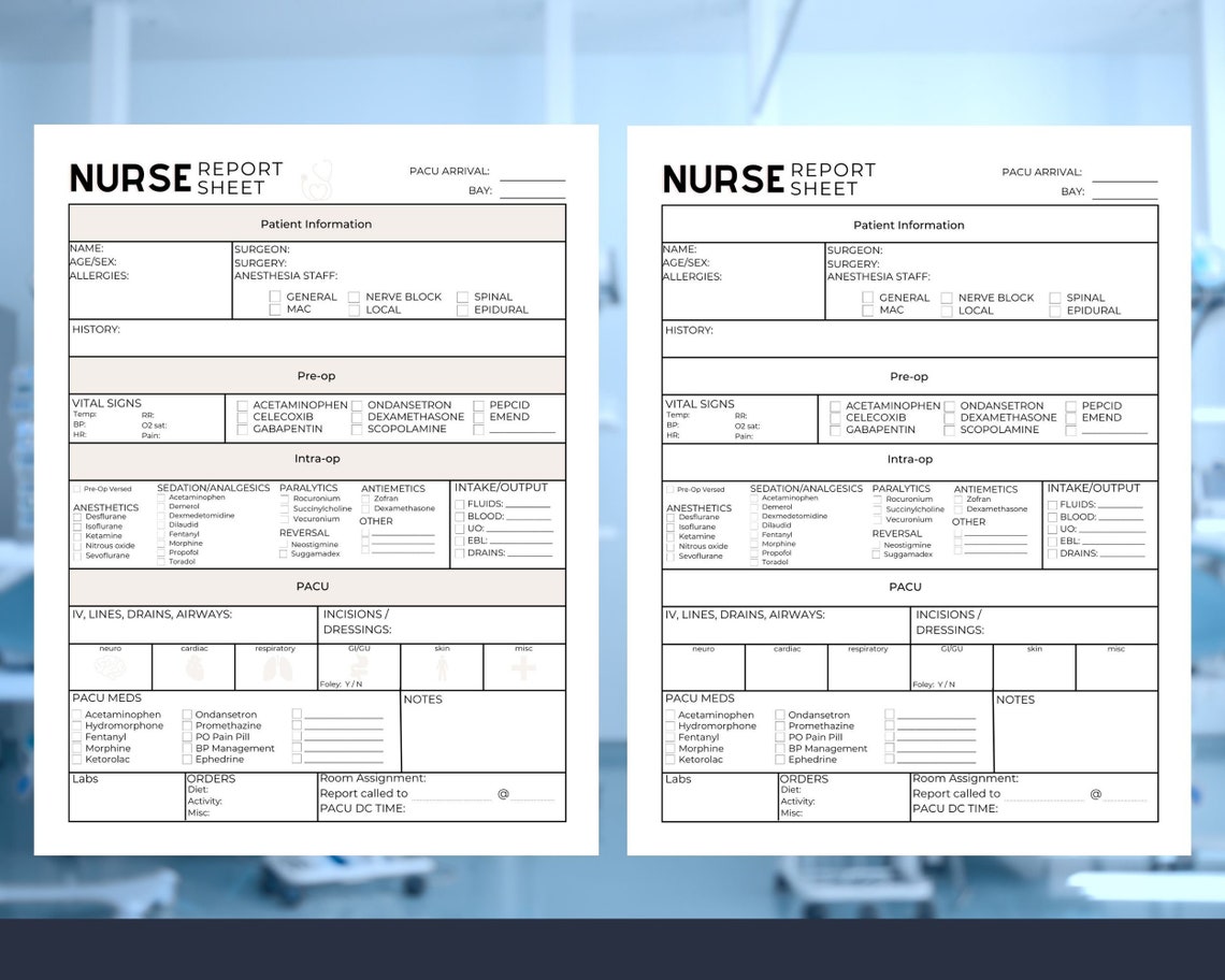 PACU Nurse Report Sheet PDF (us Letter/a4/a5) Hand off Recovery Peri-op ...