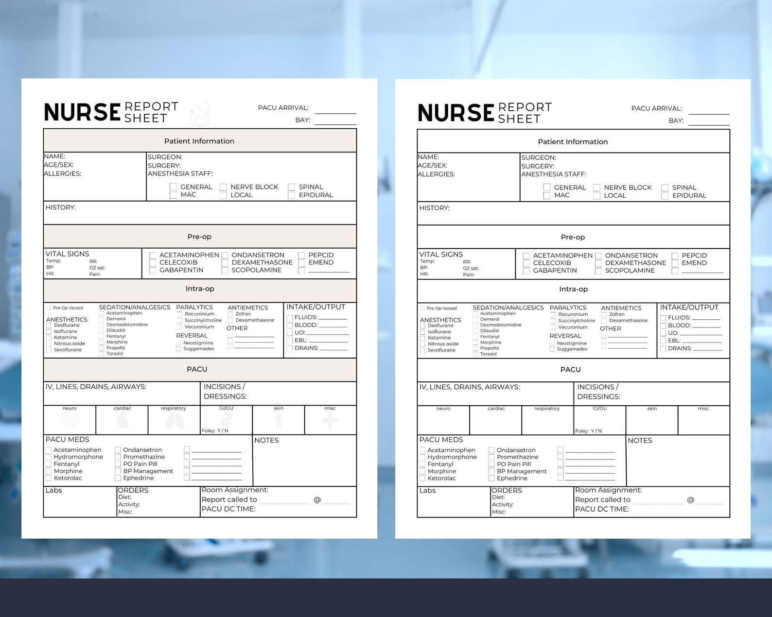 PACU Nurse Report Sheet PDF (us Letter/a4/a5) Hand off Recovery Peri-op ...