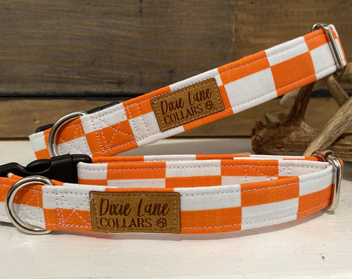Orange Checkered Dog Collar, Handmade Adjustable Pet Collar, Tennessee ...