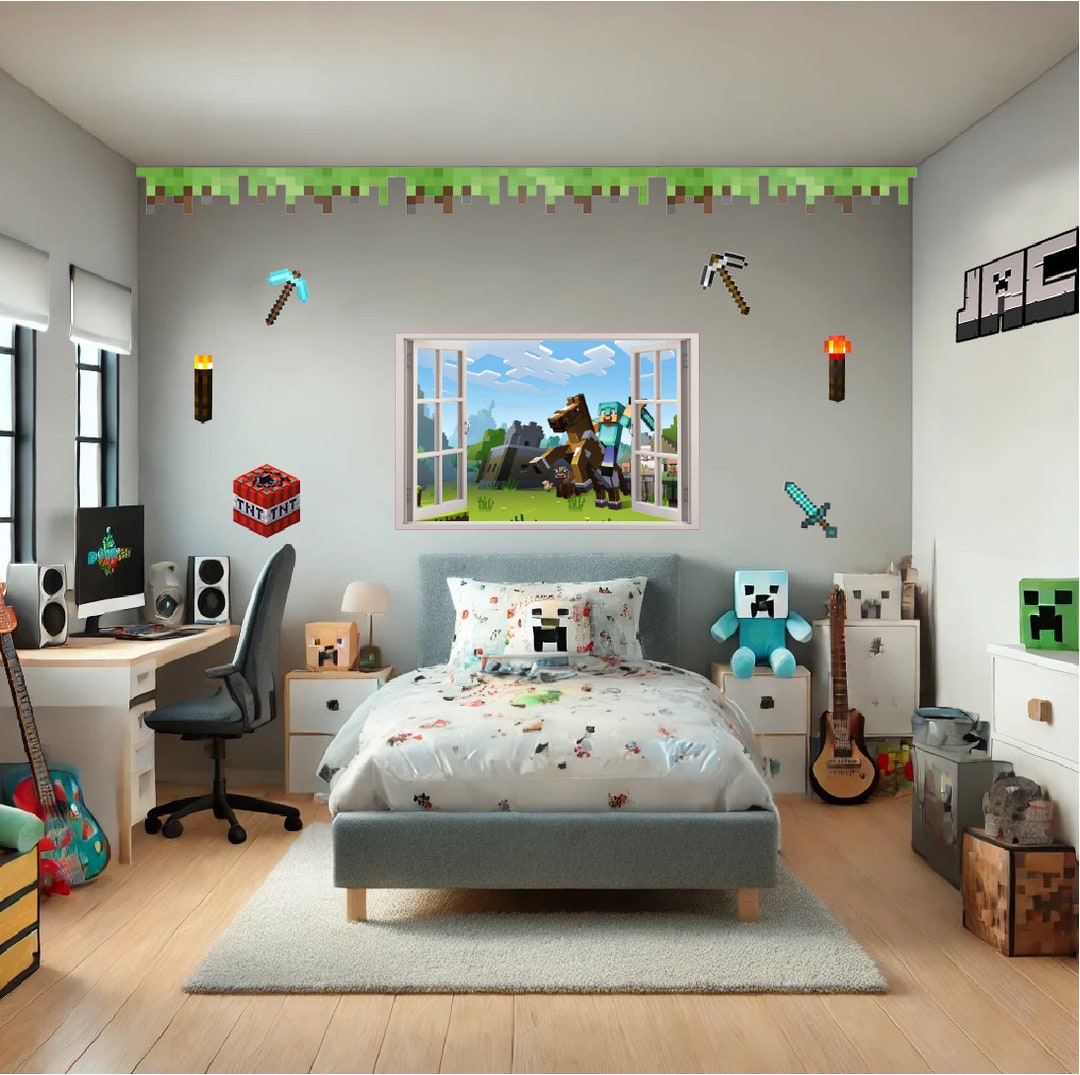 3D Fake Window Minecraft Scenery Wall Sticker for Kids Bedroom or ...