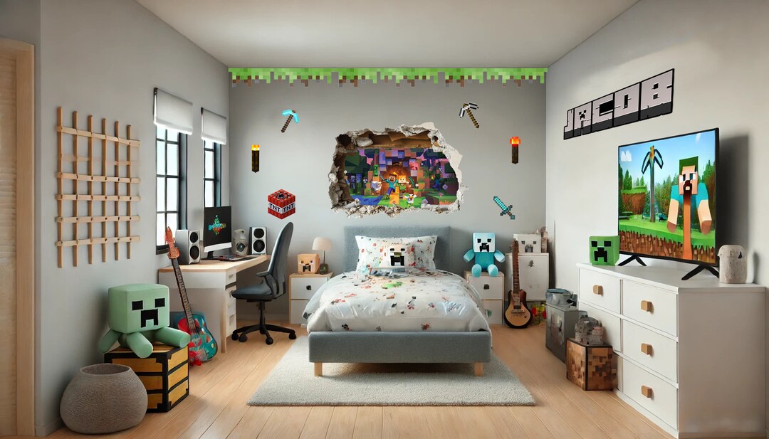 3D Smashed Wall Mural Mining Gamer Miner Minecraft Wall Sticker Room ...
