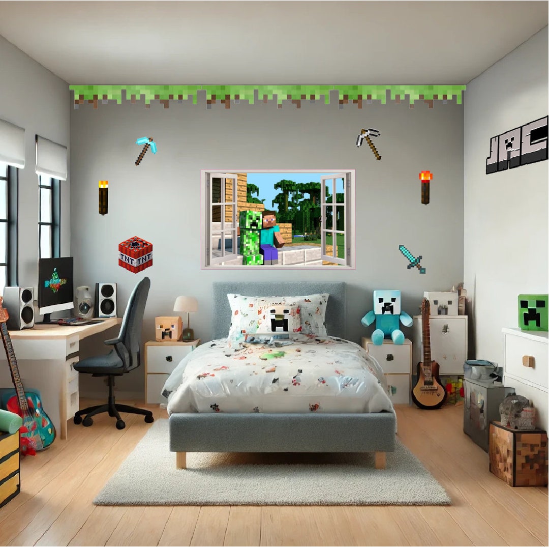 3D Fake Window Minecraft Scenery Wall Sticker for Kids Bedroom or ...