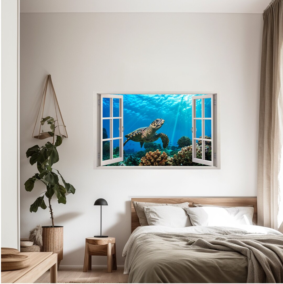 3D Fake Window Ocean Turtle Wall Sticker Sea Turtle View Decal Ocean ...