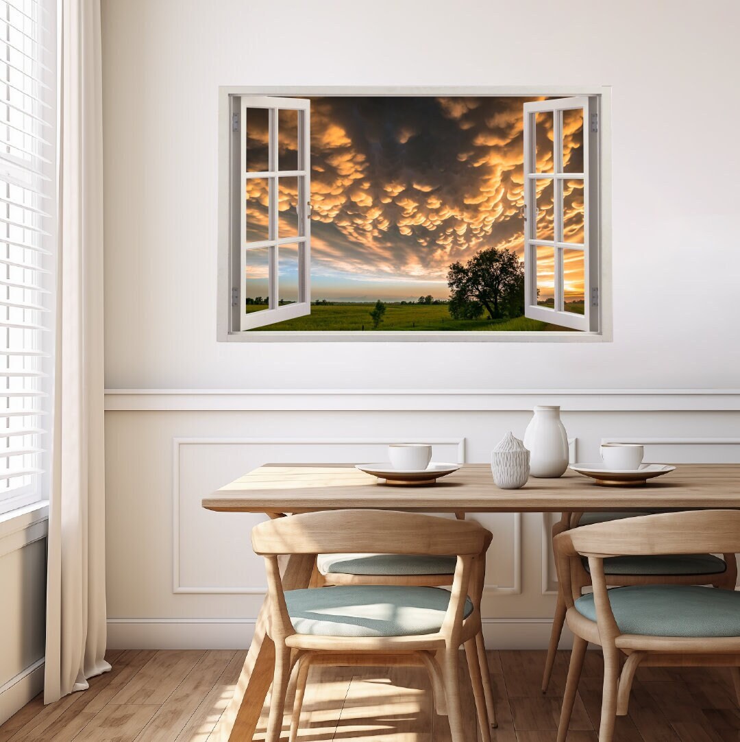3D Fake Window Scenery Wall Sticker Realistic Sunset and Clouds View ...