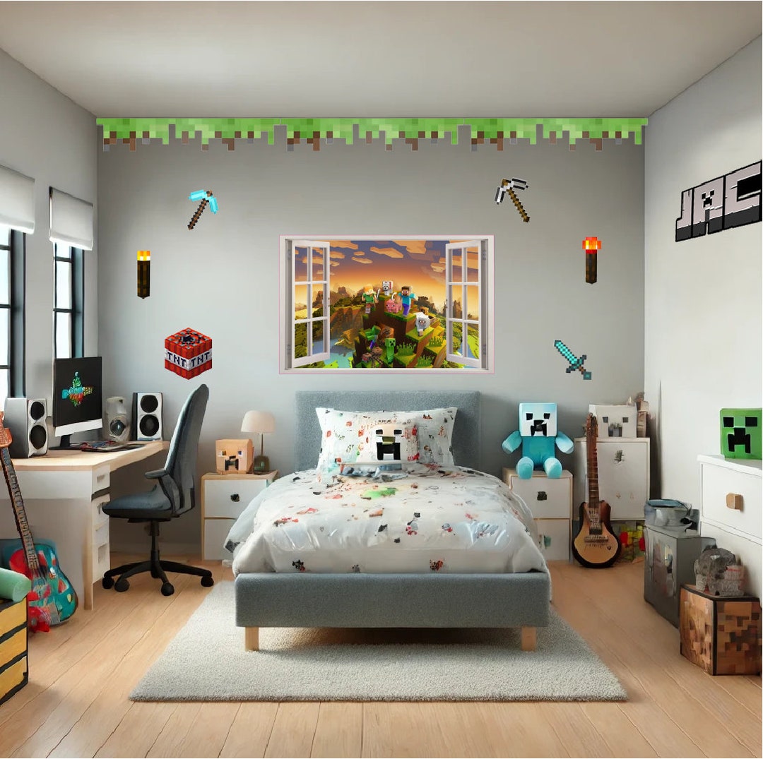 3D Fake Window Minecraft Scenery Wall Sticker for Kids Bedroom or ...