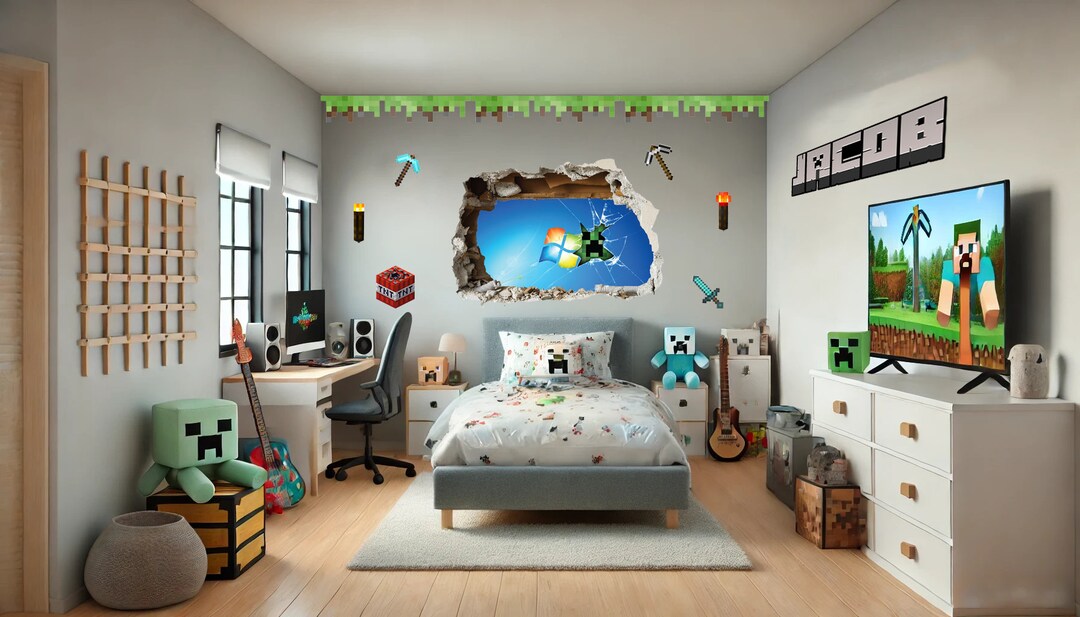 3D Smashed Wall Mural Mining Gamer Miner Minecraft Wall Sticker Room ...