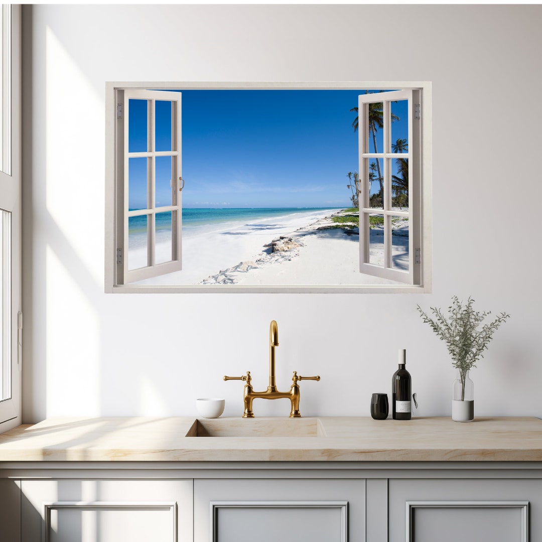 3D Fake Window Scenery Wall Sticker Realistic Beach View Decal Home ...