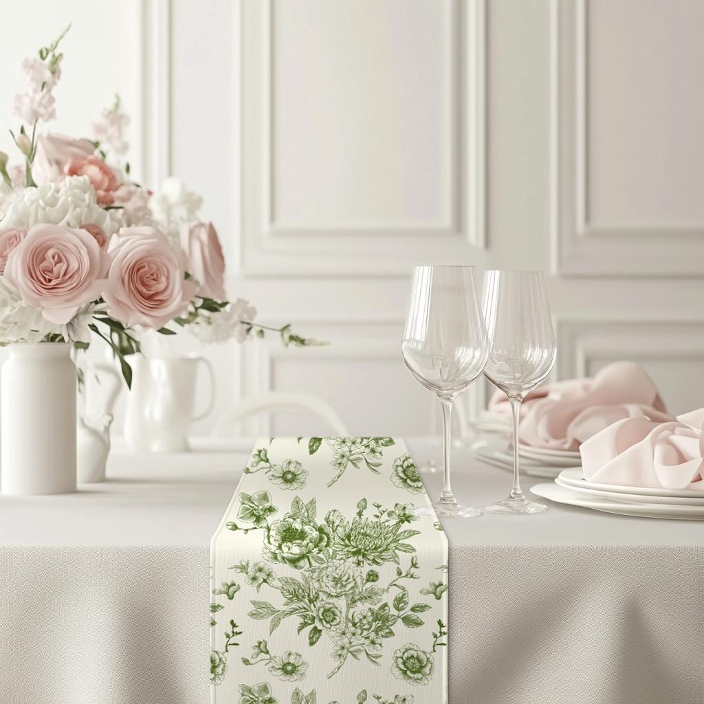 Green Floral Toile Table Runner - French Country Cottage Decor - Etsy