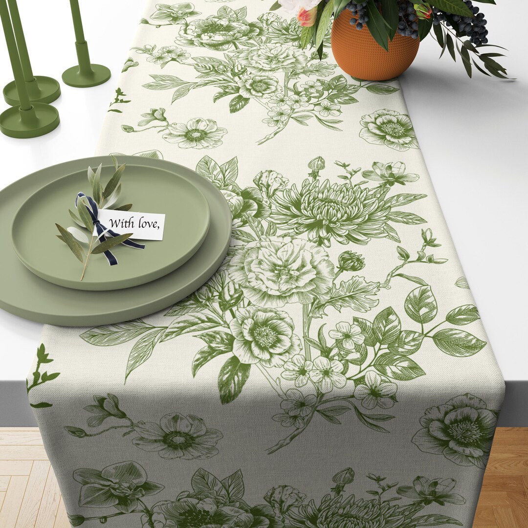 Green Floral Toile Table Runner - French Country Cottage Decor - Etsy