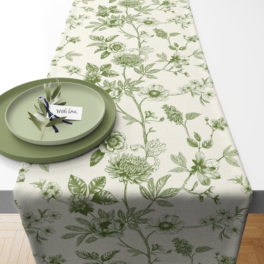 Green Floral Toile Table Runner, French Country Cottage Decor - Etsy