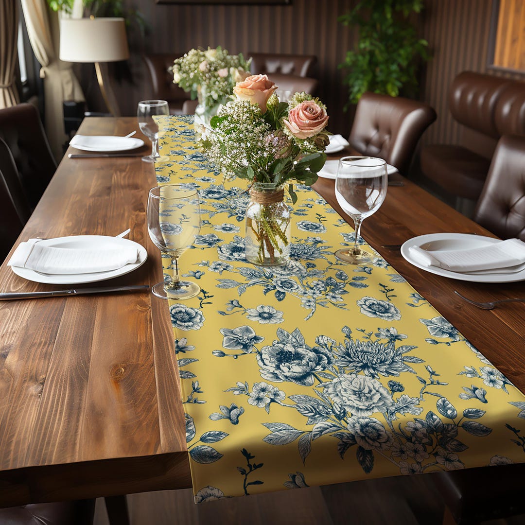 French Toile Table Runner: Yellow Floral Country Decor - Etsy