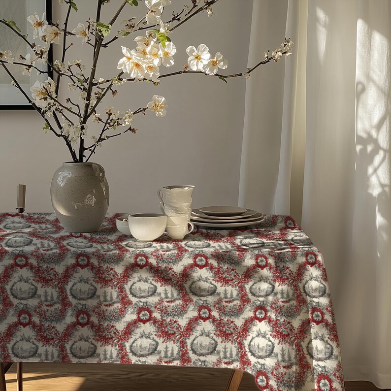 French Christmas Toile Tablecloth, Holiday Cotton Twill - Etsy