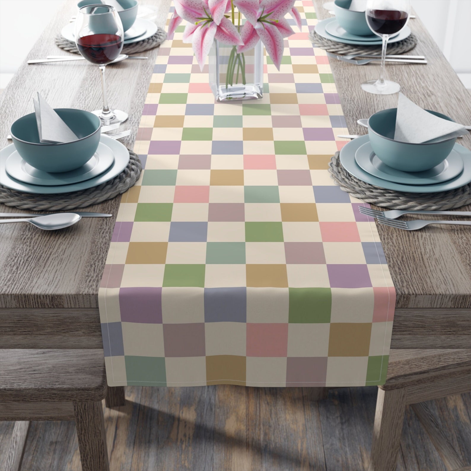 Checkerboard Table Runner Spring Decor Pastel Table Runner Checkerboard ...