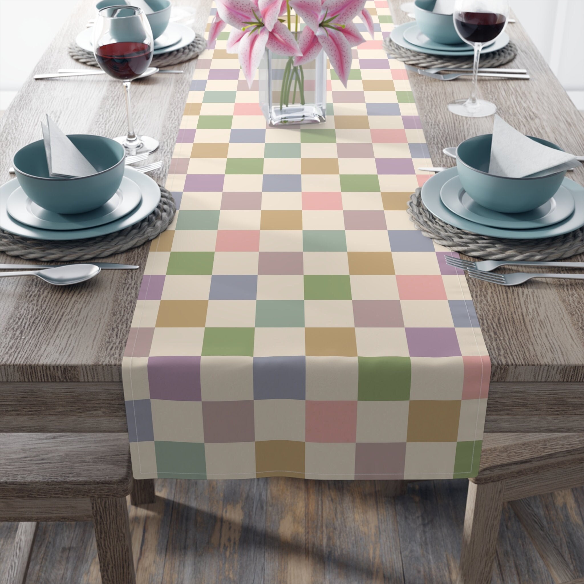Checkerboard Table Runner Spring Decor Pastel Table Runner Checkerboard ...
