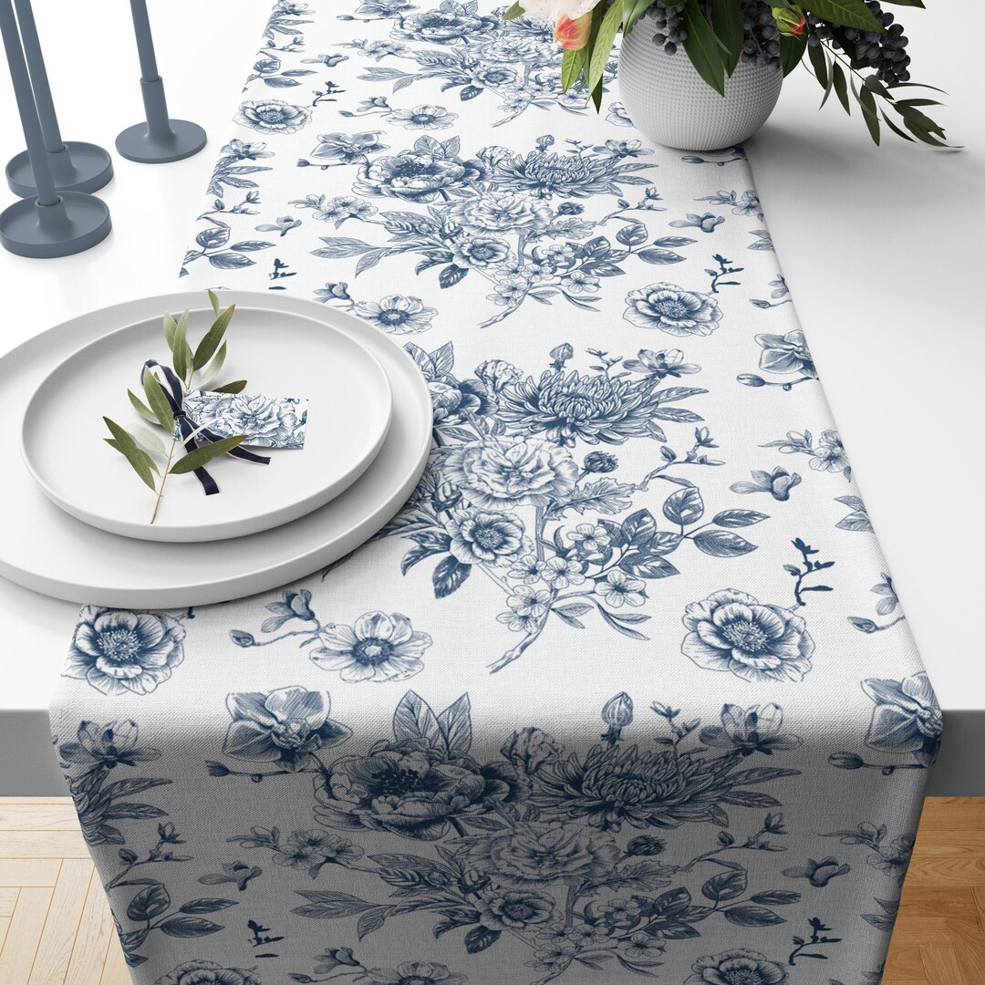 Blue Floral Toile Table Runner, French Country Cottage Decor - Etsy